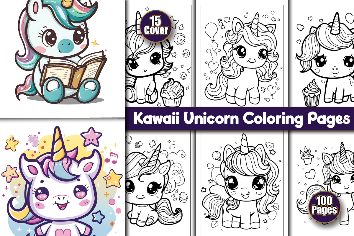 100 Kawaii unicorn Coloring Pages, an Object Graphic by protabsorkar11