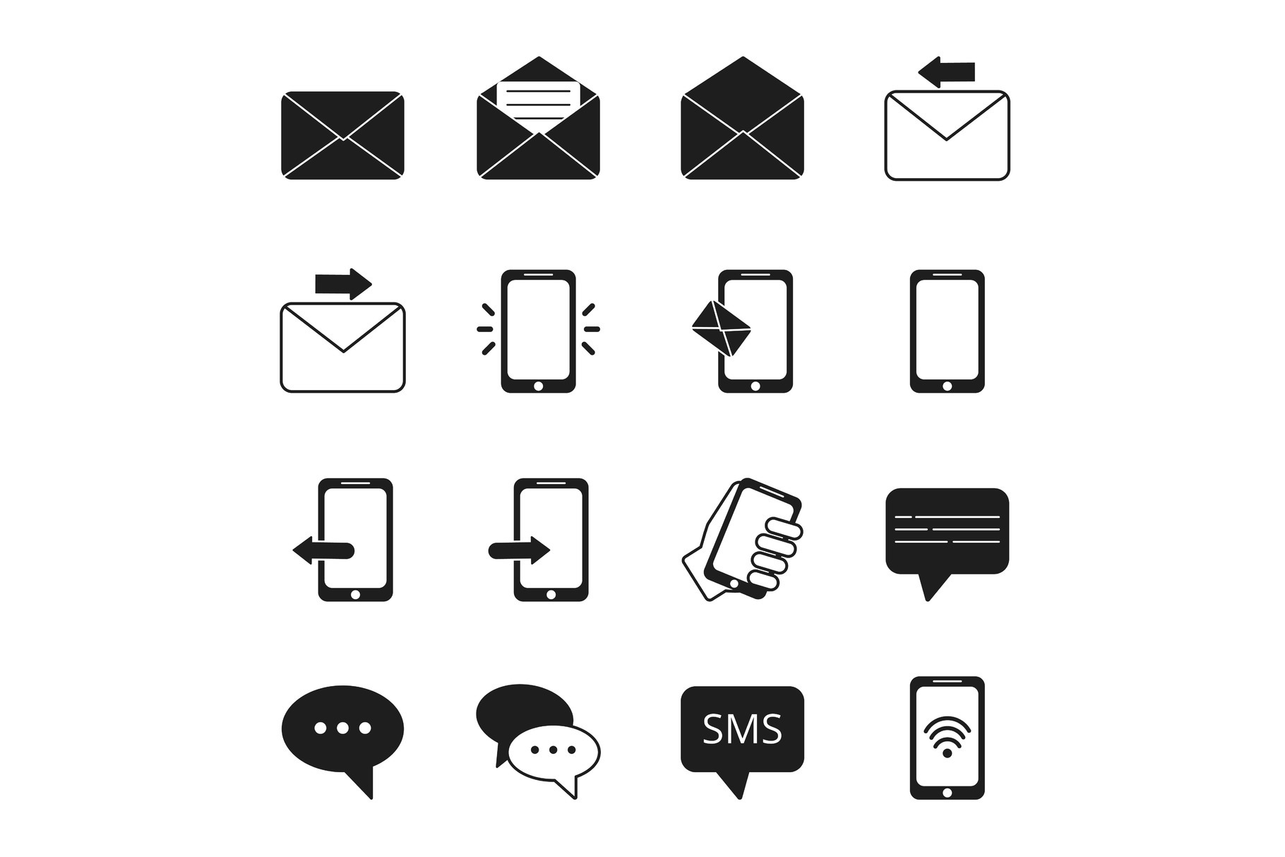 Business icon set of communication symbols. Phone, message bubbles ...