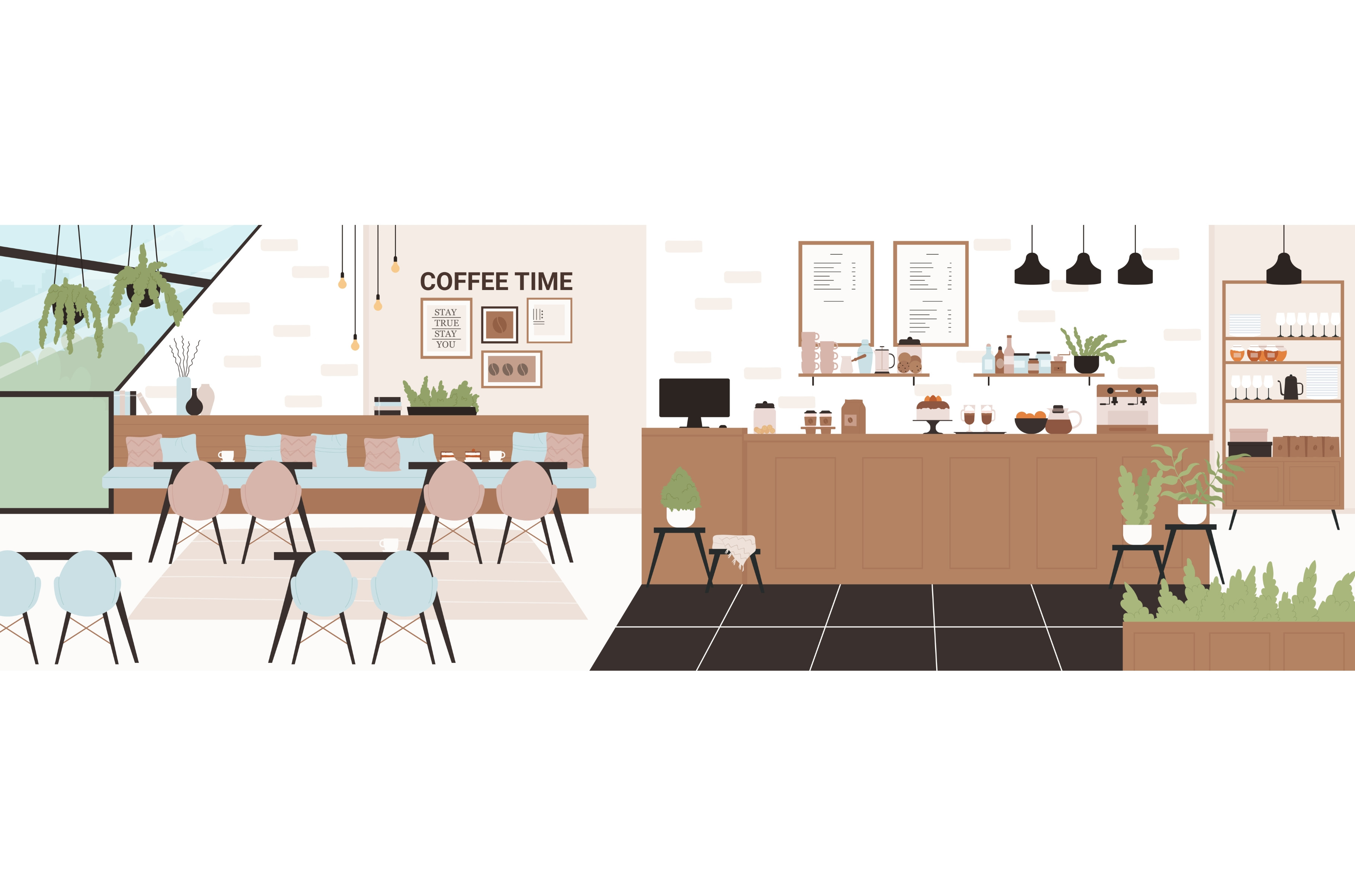 Cafe coffee shop panorama background, a Food Illustration by Flashvector