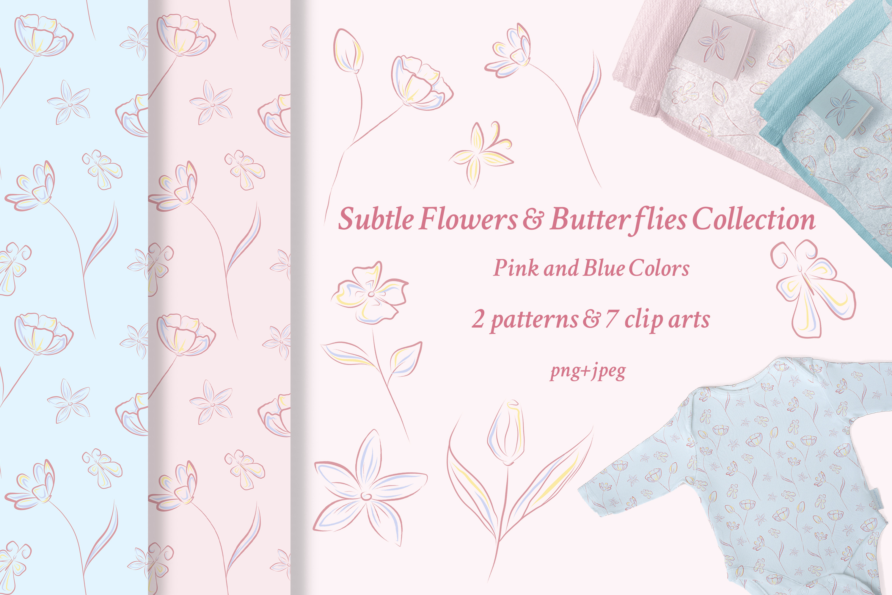 Subtle flowers and butterflies set, a Pattern Graphic by KseniaKhmel_Art