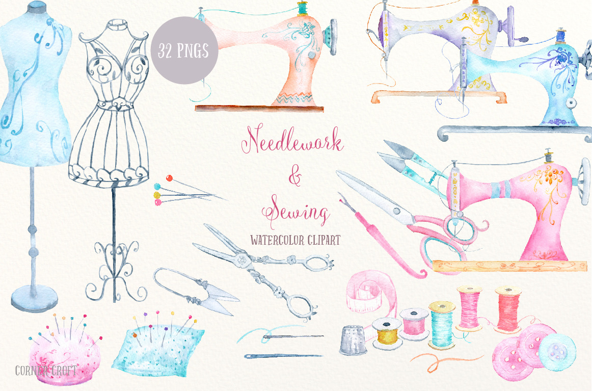 Watercolor Clipart Needlework Sewing, an Illustration by Corner Croft