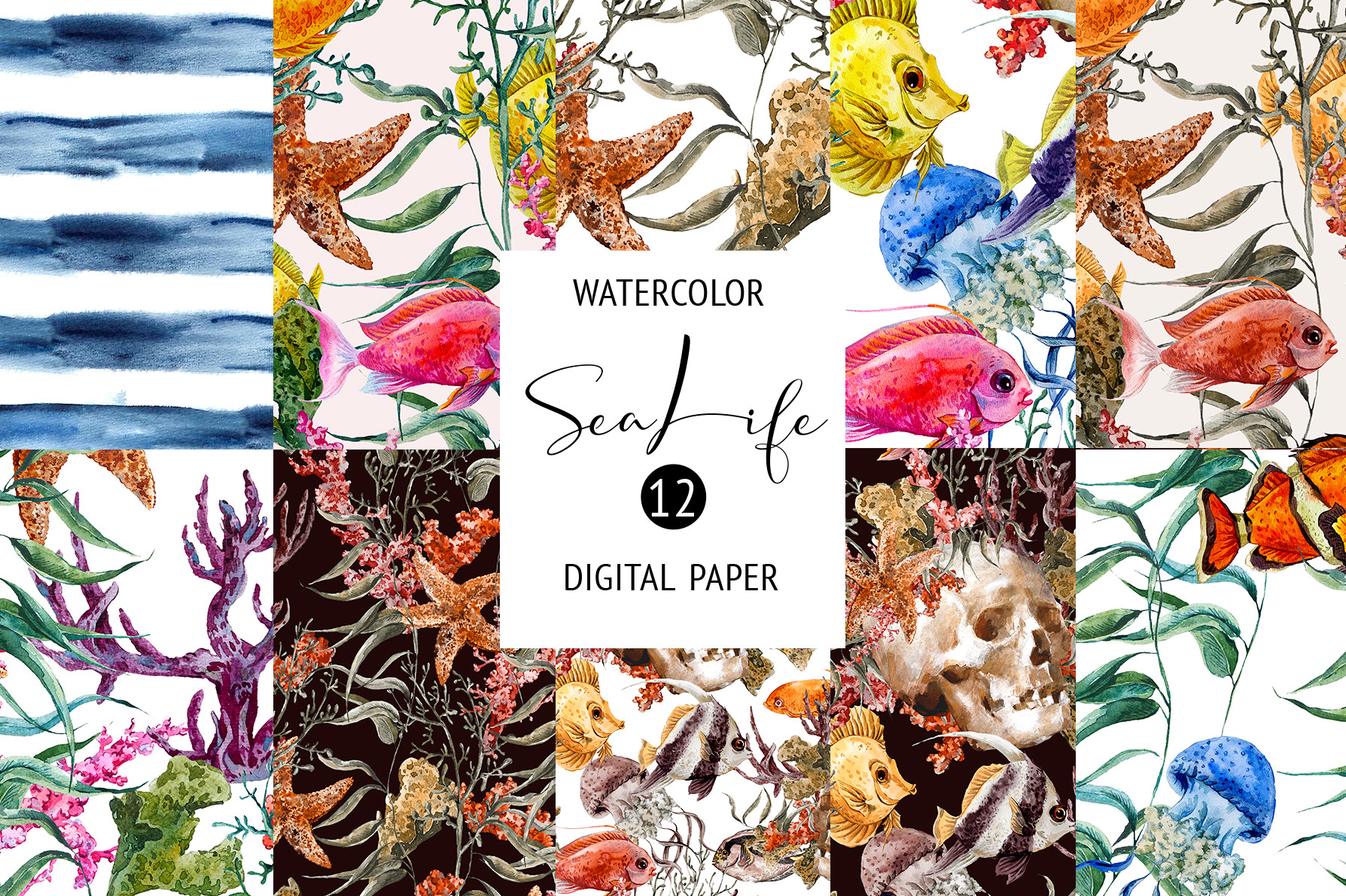 Watercolor Sea Life Digital Paper, a Pattern Graphic by Depiano