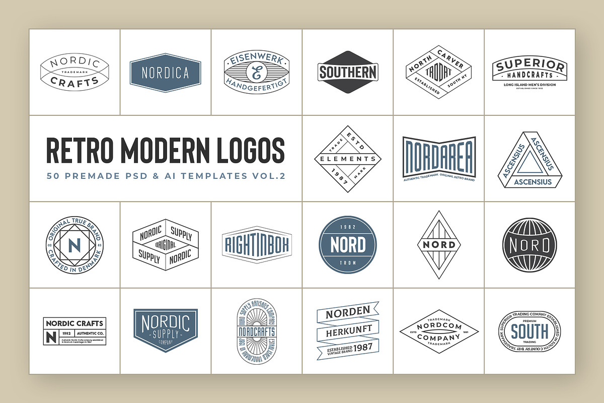 50 Retro Modern Vector Editable Logos