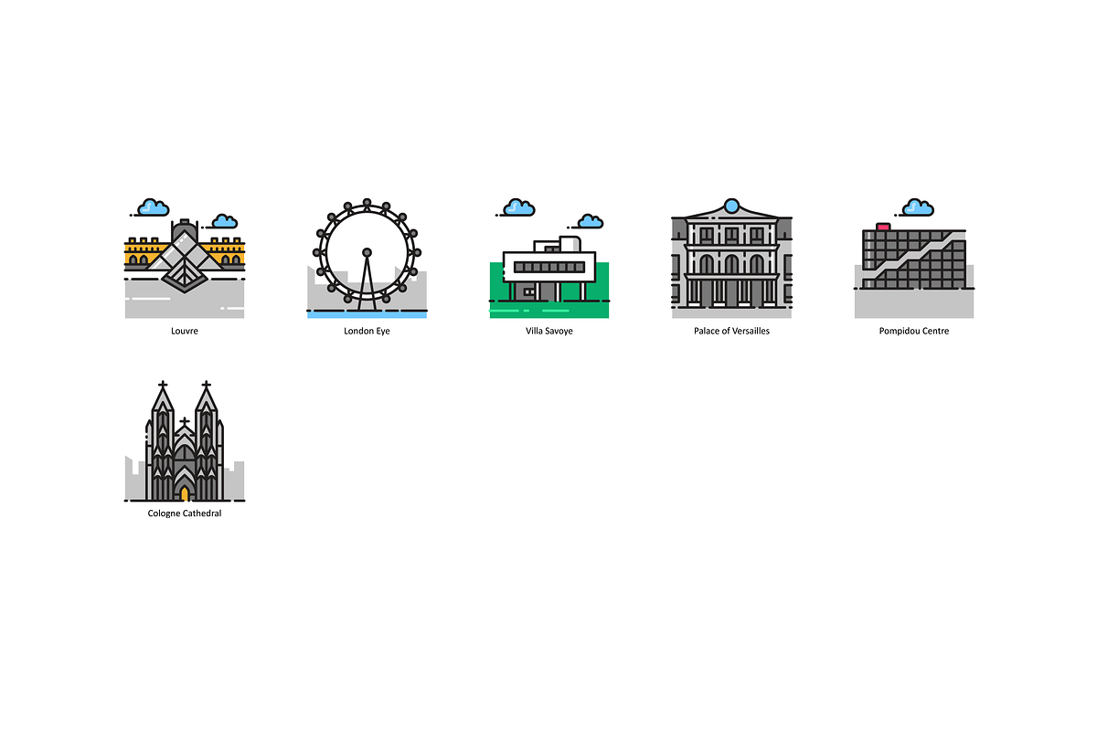 101 Landmark & Building Icons, an Icon by Flat Icons | Creative Market