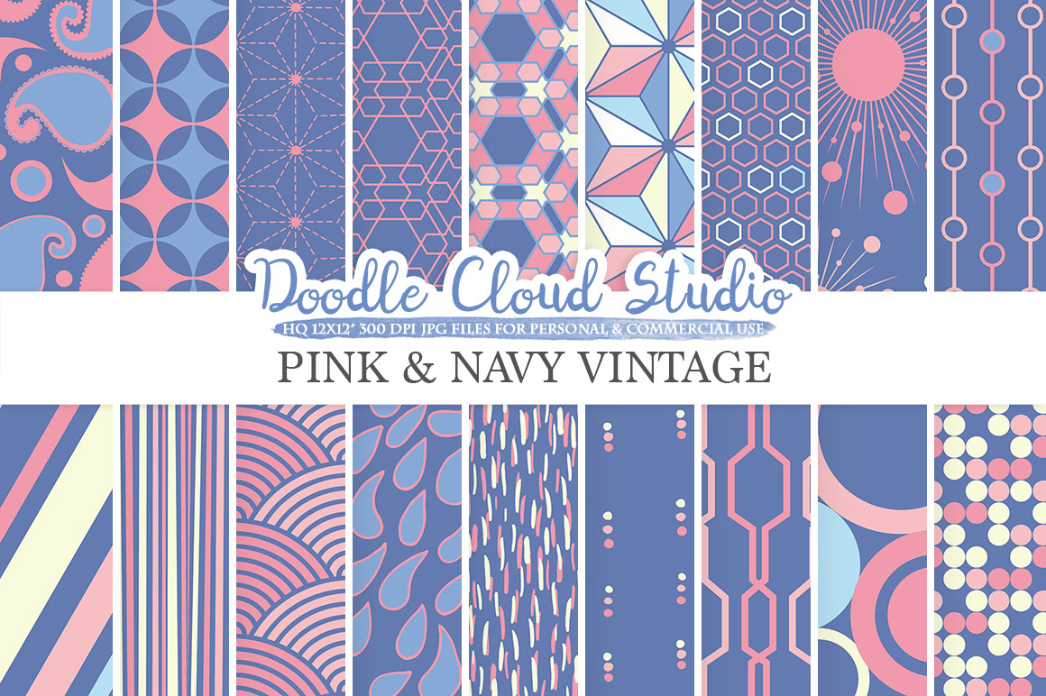 Pink and Navy Retro digital paper, a Pattern Graphic by Doodle Cloud ...