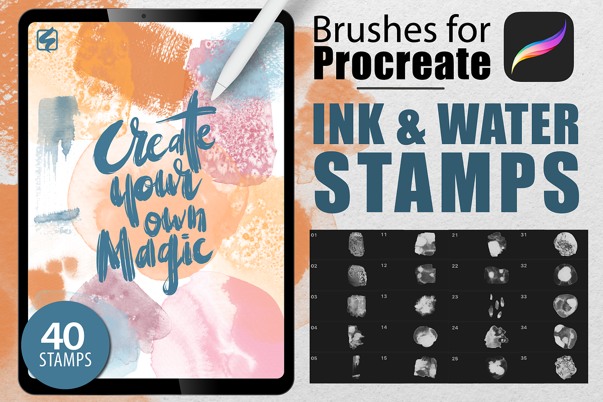 Procreate - Ink & Water Stamps, a Brush Add-On by DiBrush Studio