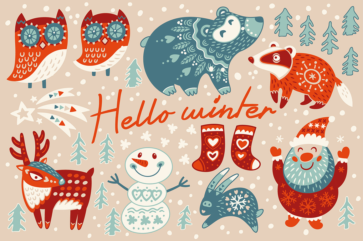 Hello winter characters set, an Animal Illustration by PenguinHouse