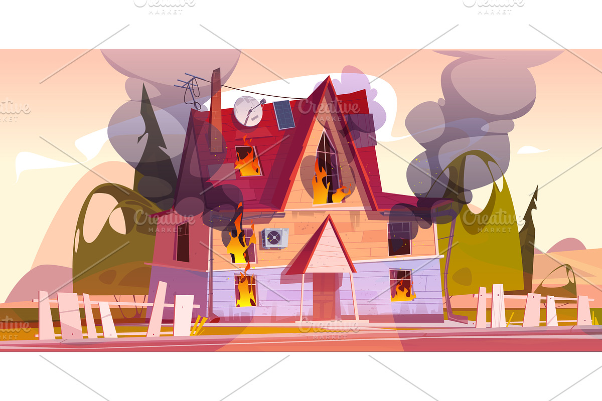 House on fire, home with flame and, an Illustration by art PVP - market ...