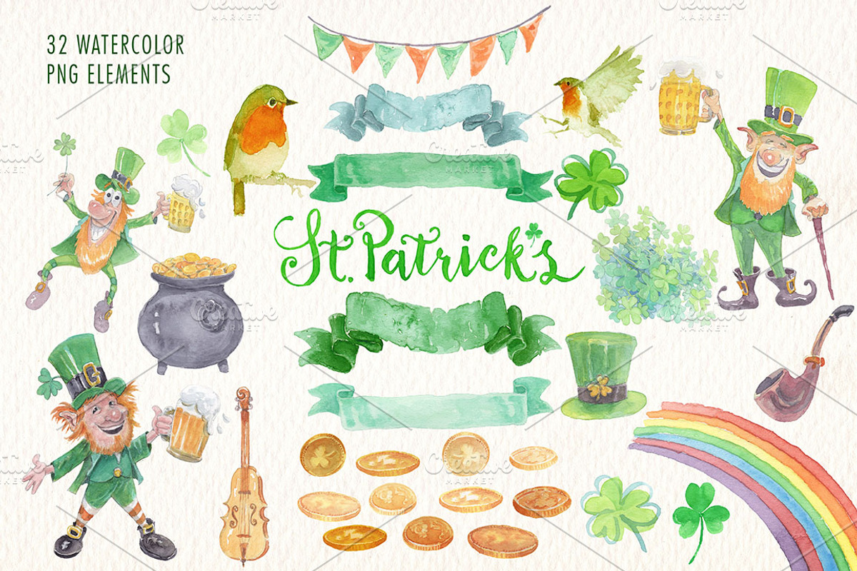 Watercolor st. Patricks clipart set, an Illustration by Art & Things