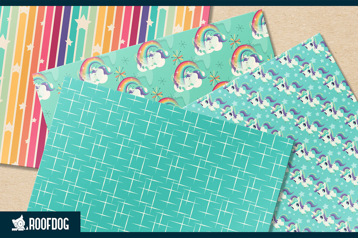 Rainbows and unicorns digital paper, a Pattern Graphic by Roofdog Design
