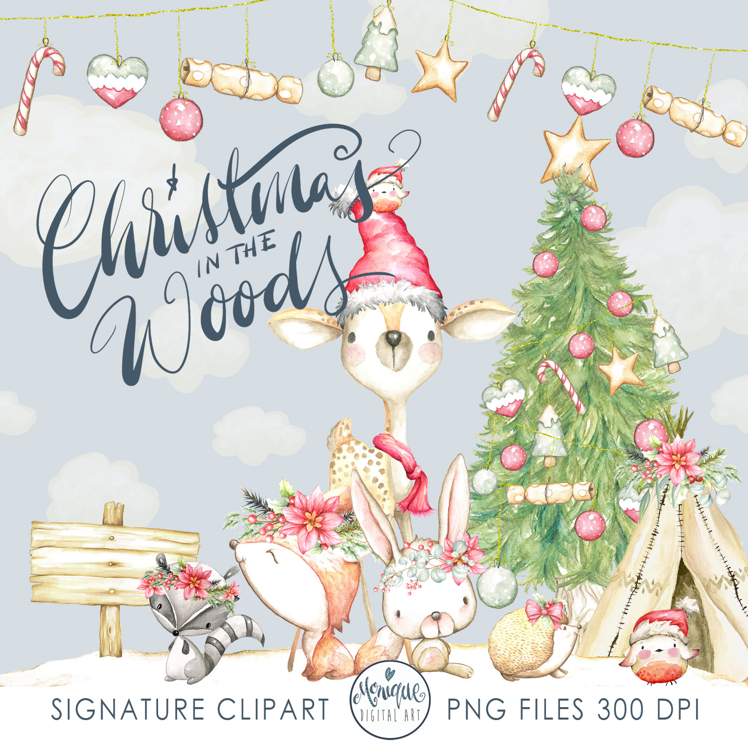 Christmas Woodland Animals Clipart, an Animal Illustration by Monique ...