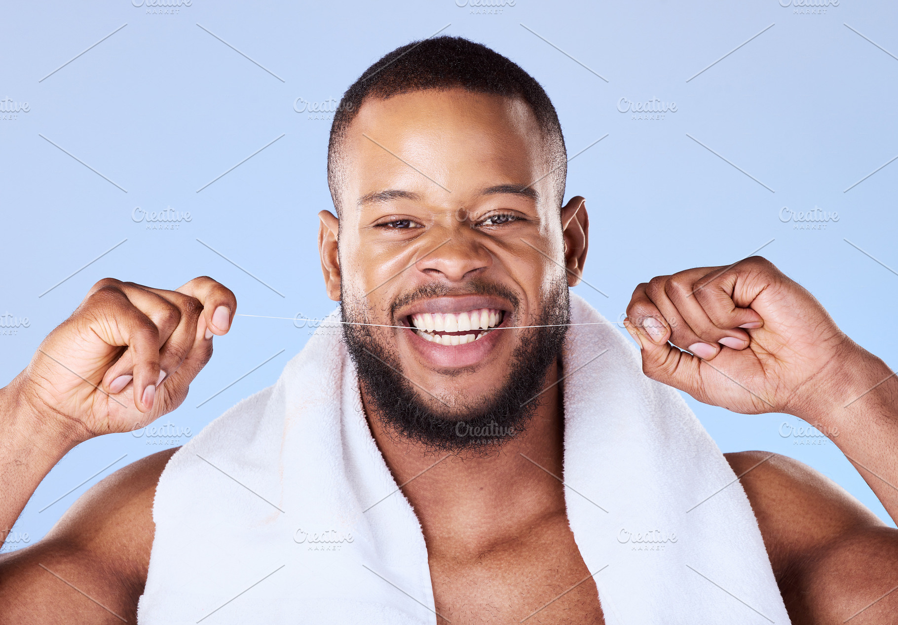 Portrait, man and floss teeth for smile, dental health and care for gum ...