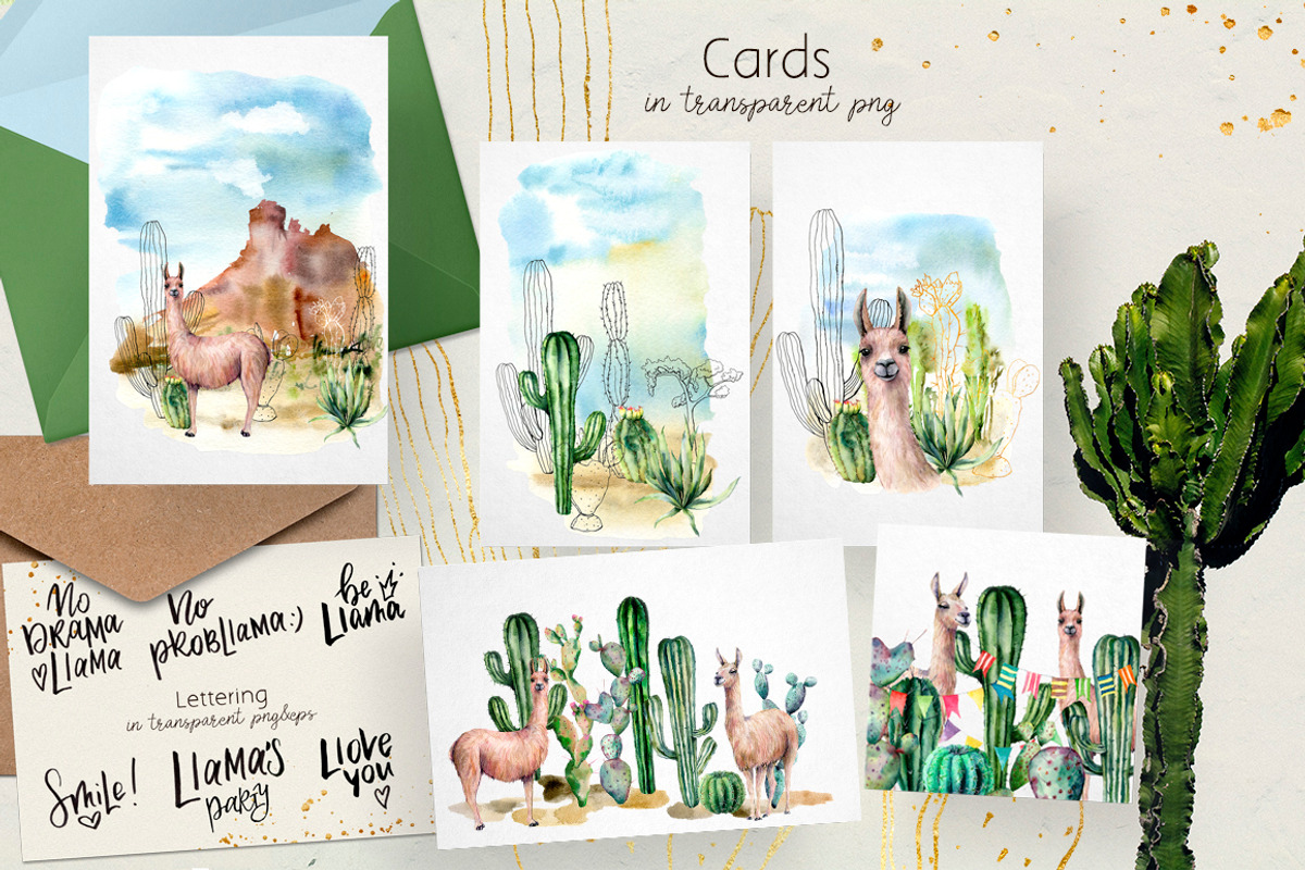 Llamas: cacti party. Watercolor bundle