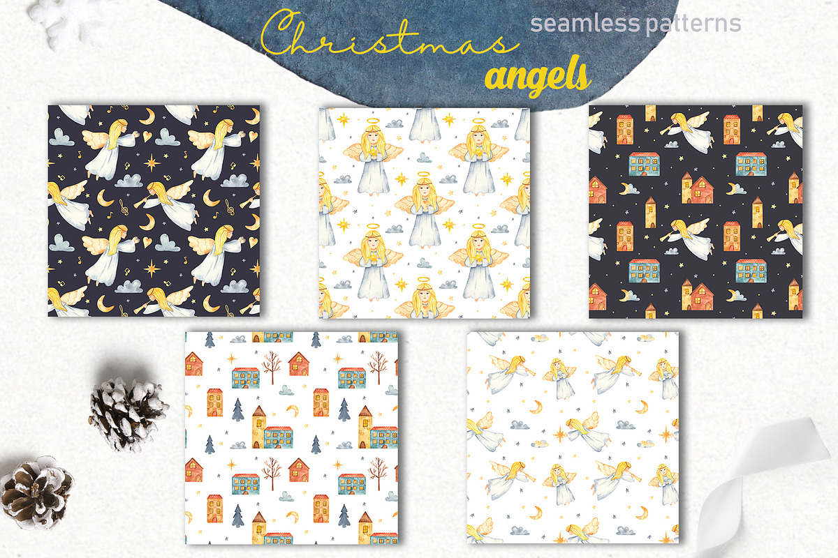 Christmas angels Watercolor clipart, an Illustration by Marina Ermakova