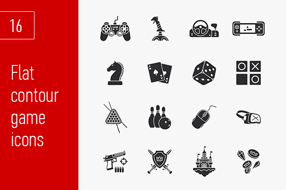 sixteen flat game icons, an Outline Icon by Anton