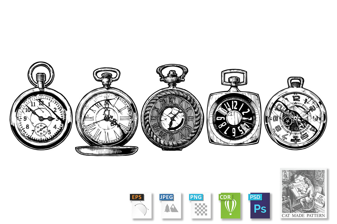 set of pocket watches, an Object Illustration by CatMadePattern ...