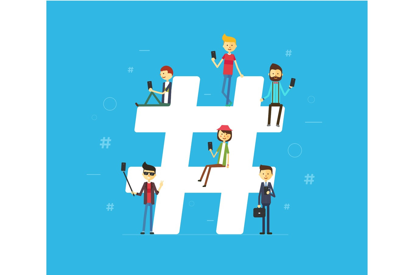 Hashtag concept illustration of young people using mobile tablet and ...