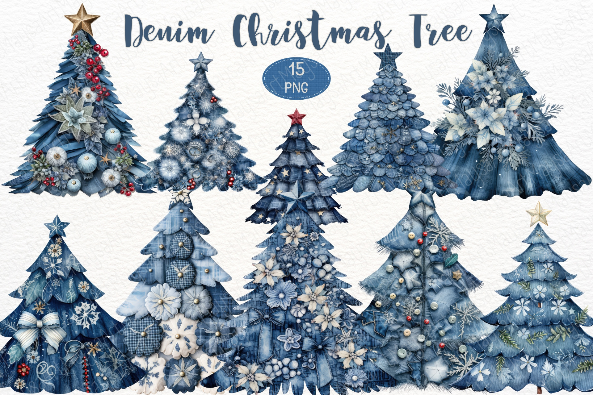 Denim Christmas Tree Clipart, a Seasonal Illustration by Maysa Art