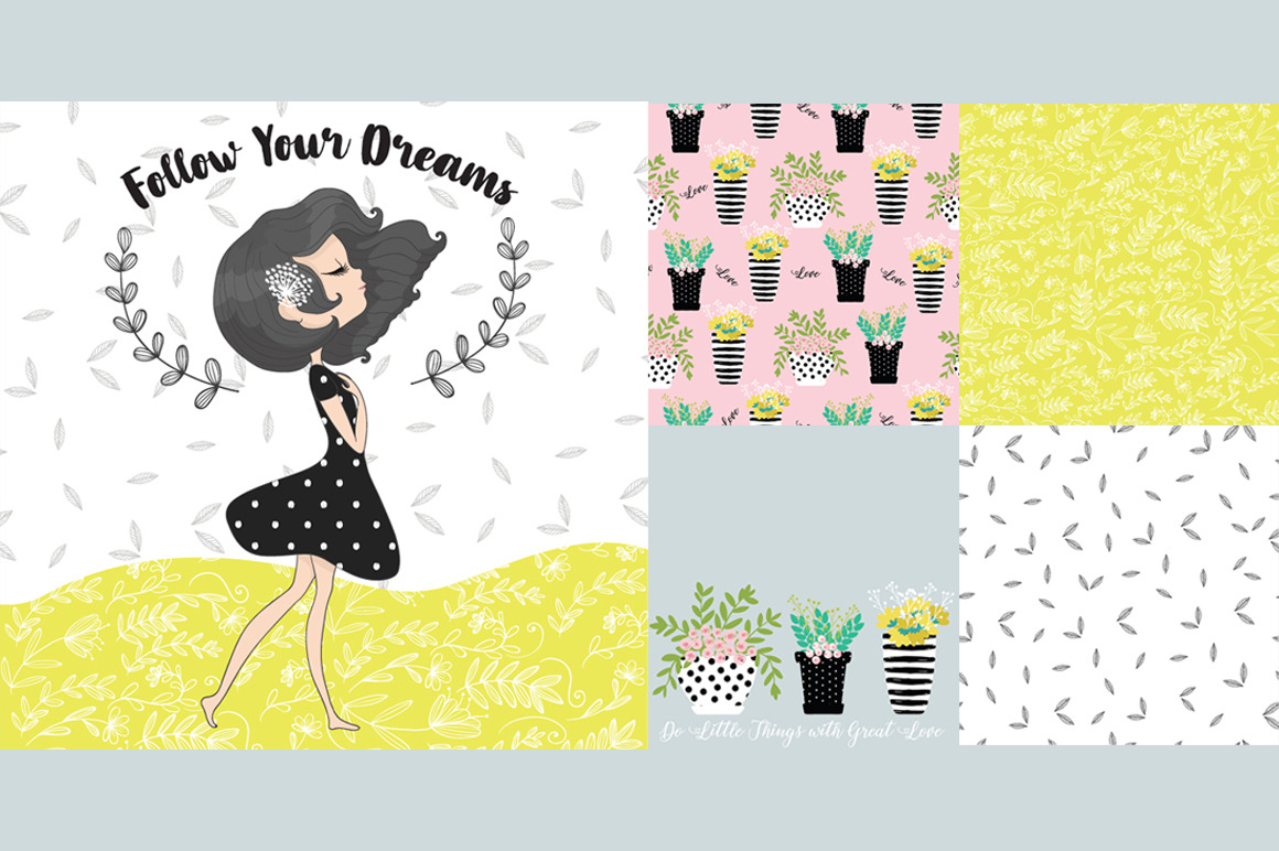 Cute girl vector and flower pattern, a Decorative Illustration by ...