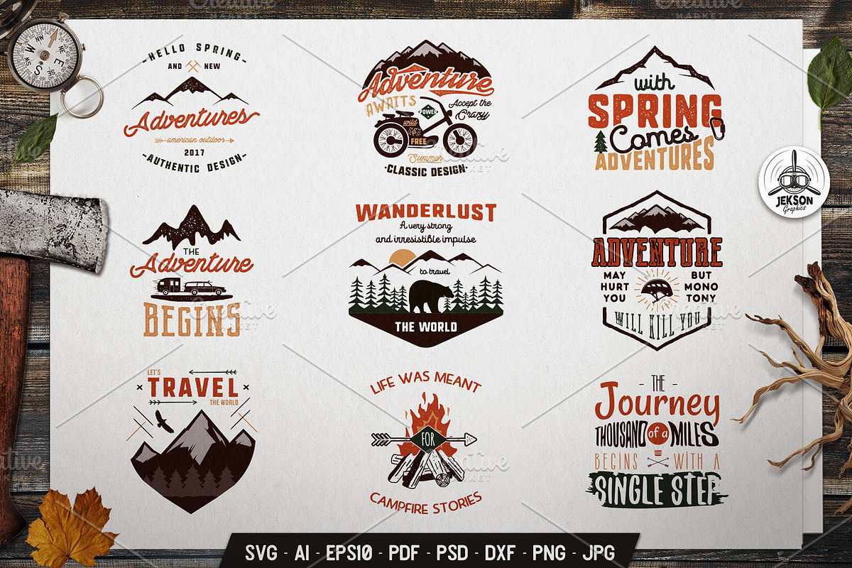 9 Adventure Logos & Tee Designs, an Object Graphic by JeksonGraphics