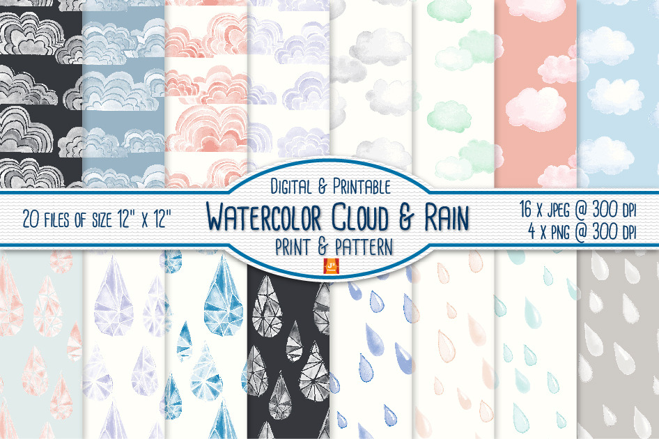 Watercolor Cloud &Rain Digital Paper | Graphic Patterns ~ Creative Market