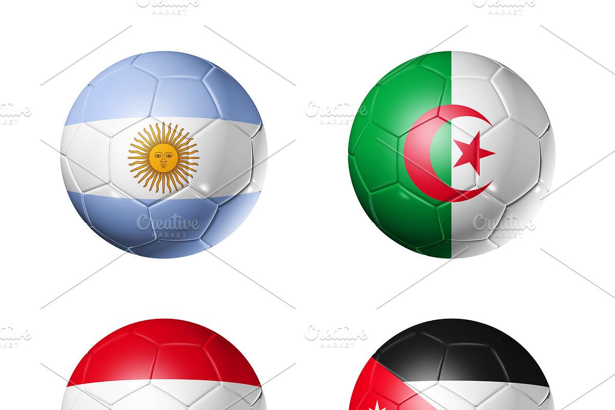 Football competition 2026 group J flags on soccer balls. 3D illu, a ...