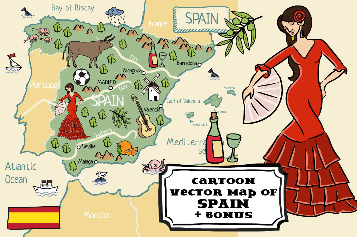 Cartoon vector map of Spain +bonus, an Illustration by Nata Savina Art