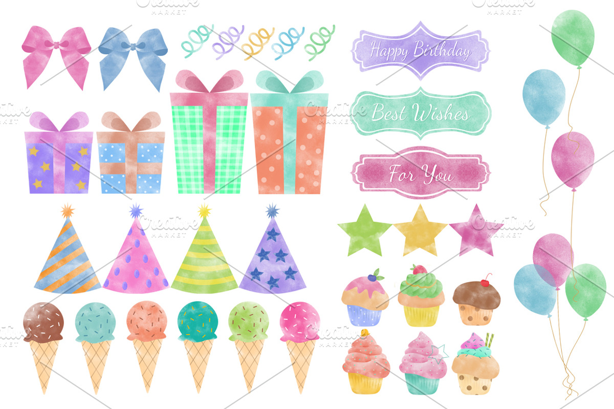 Birthday Watercolor Clipart, an Illustration by Artstronomi