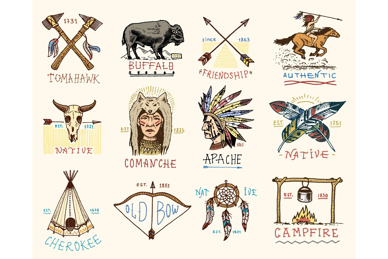 set of engraved vintage, hand drawn, old, labels or badges for indian ...