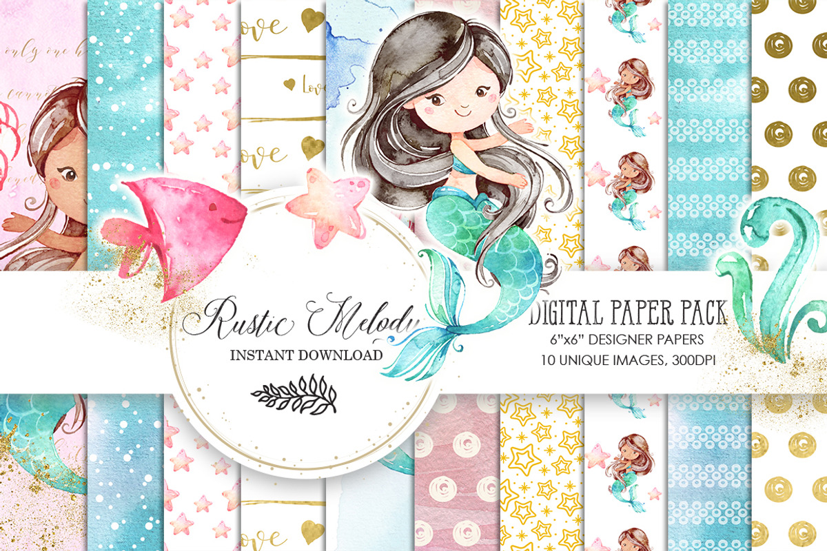 MERMAID DIGITAL PAPER PACK, a Pattern Graphic by rusticmelody
