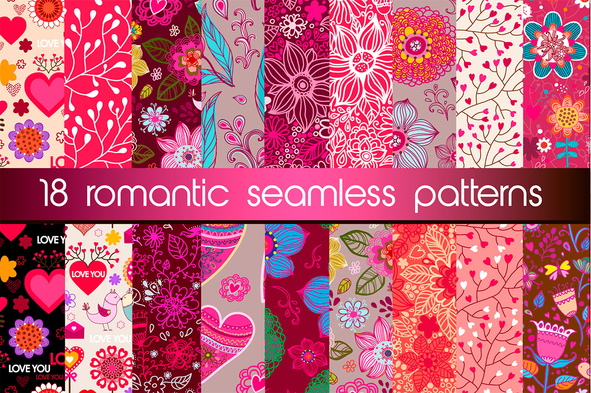 Set of 18 romantic seamless patterns, a Pattern Graphic by sundrameda