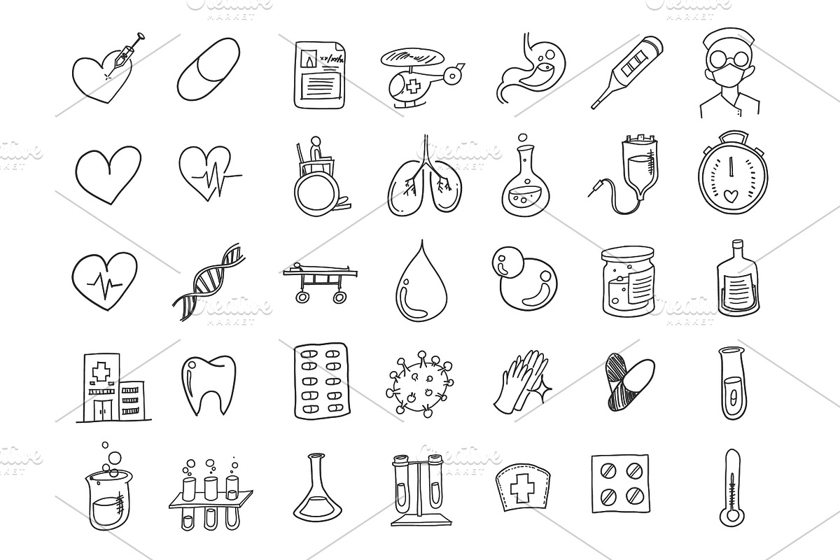 100 Health Hand Drawn doodle Icons, an Outline Icon by TKDoodle