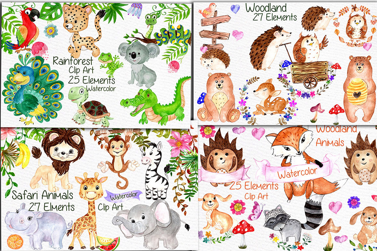 Watercolor Bundle-kids clipart, an Animal Illustration by vivastarkids
