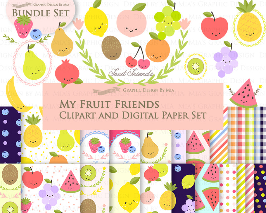 Cute Fruit Friends Clipart+Pattern, a Food Illustration by Mia's ...