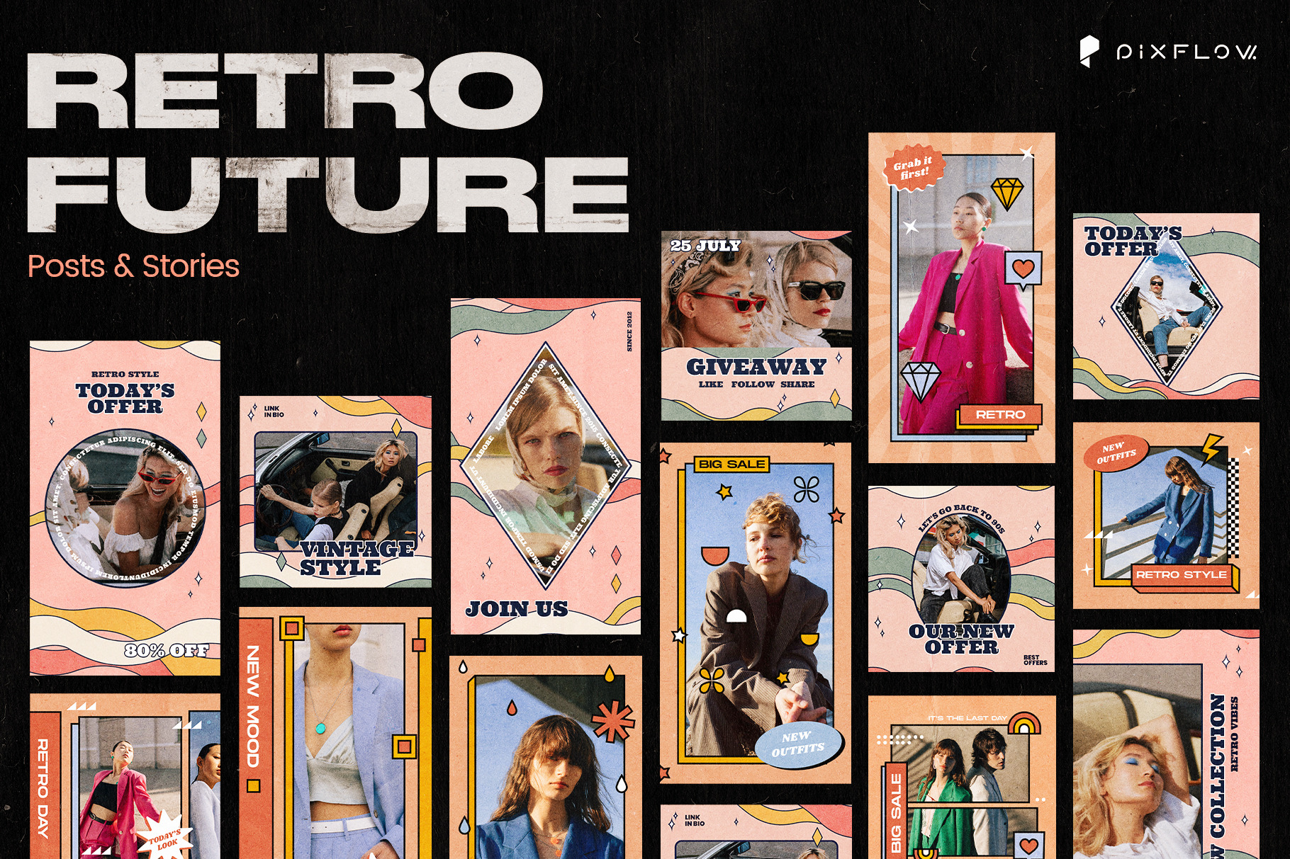 Retro Future Instagram Pack, a Social Media Template by Pixflow