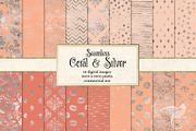 Coral and Silver Digital Paper, a Pattern Graphic by Digital Curio
