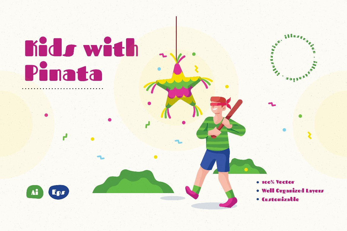 Kids With Pinata Illustration, an Illustration by graphicook