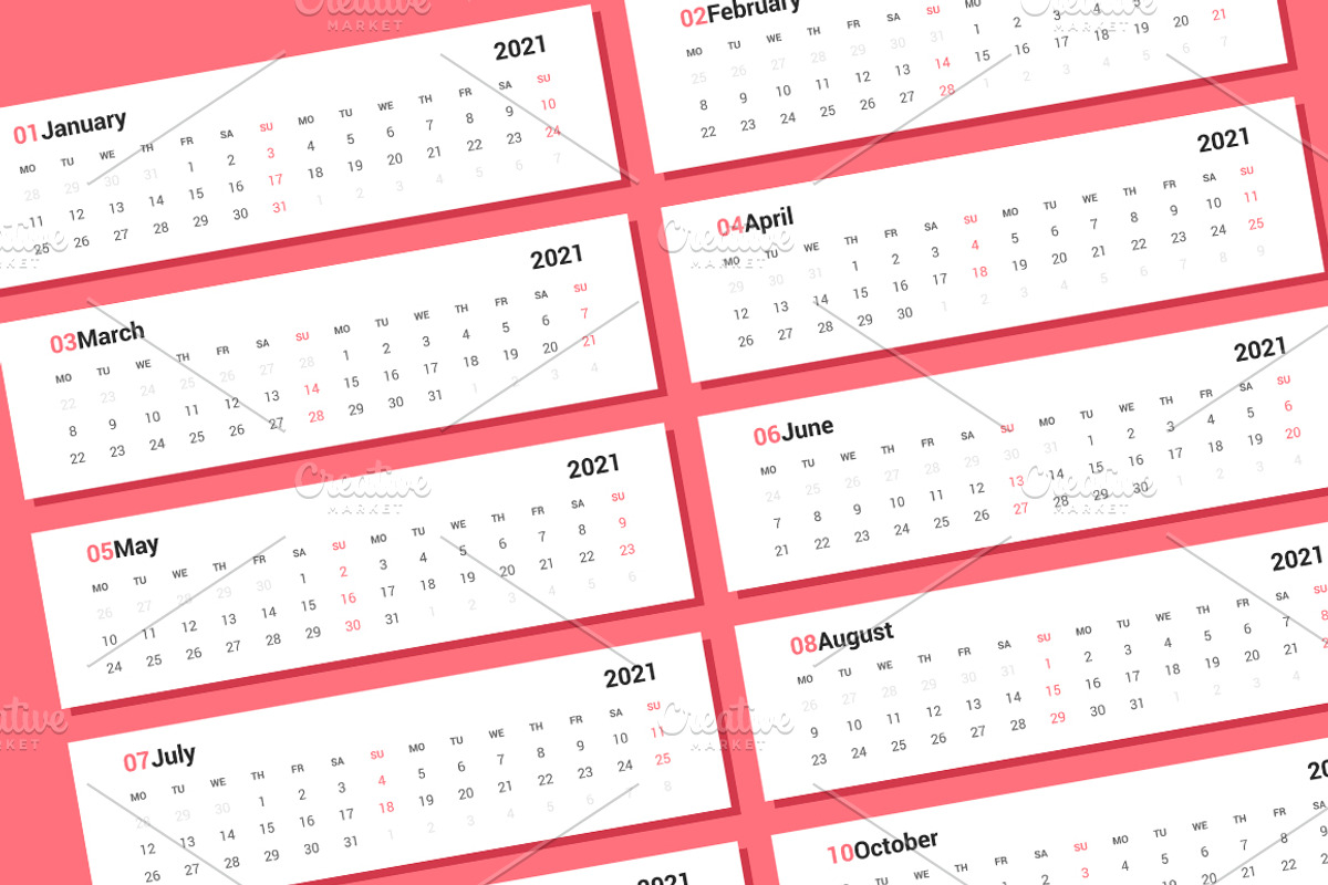 Calendar 2021 Week Starts Monday, a Stationery Template by WORAKAMON ...