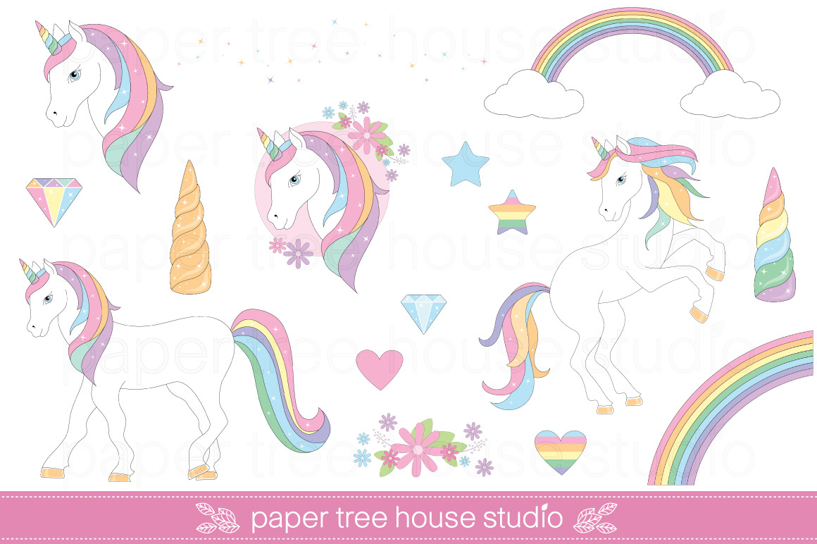 Rainbow Unicorn Clip Art Set, an Illustration by Paper Tree House Studio