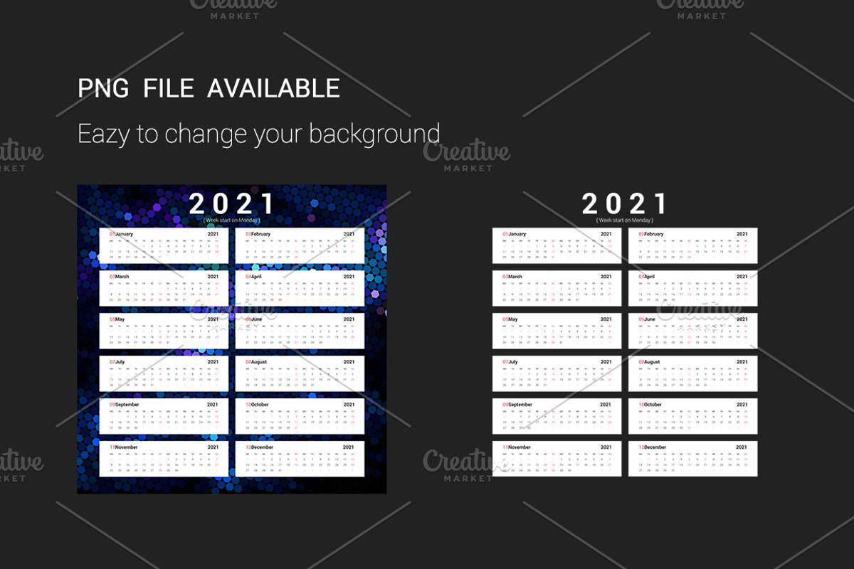 Calendar 2021 Week Starts Monday, a Stationery Template by WORAKAMON ...