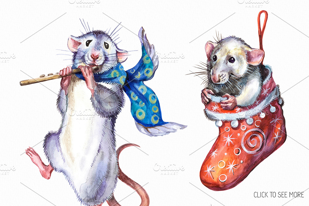Christmas Rats Watercolor set, an Animal Illustration by Green_leaf_17