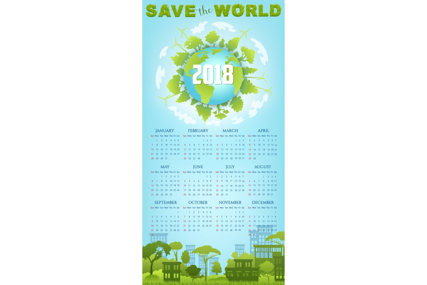 Ecology calendar template with green earth globe, an Illustration by ...