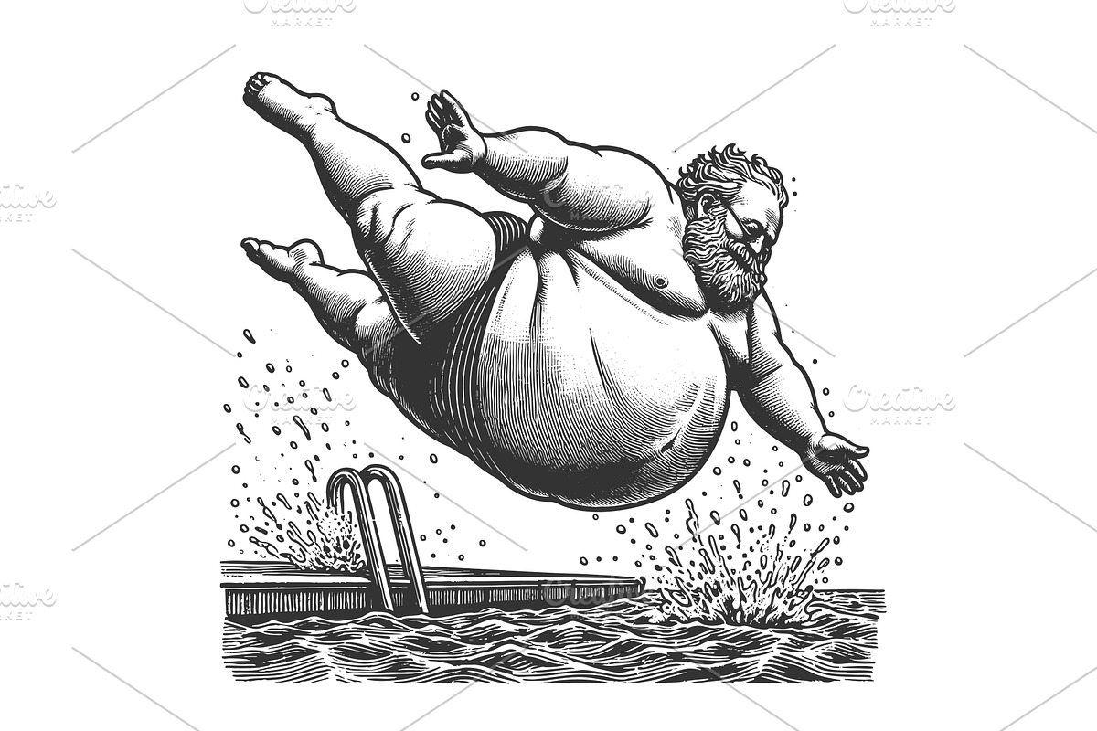 Man Diving into Pool engraving, a Person Illustration by AlexArt