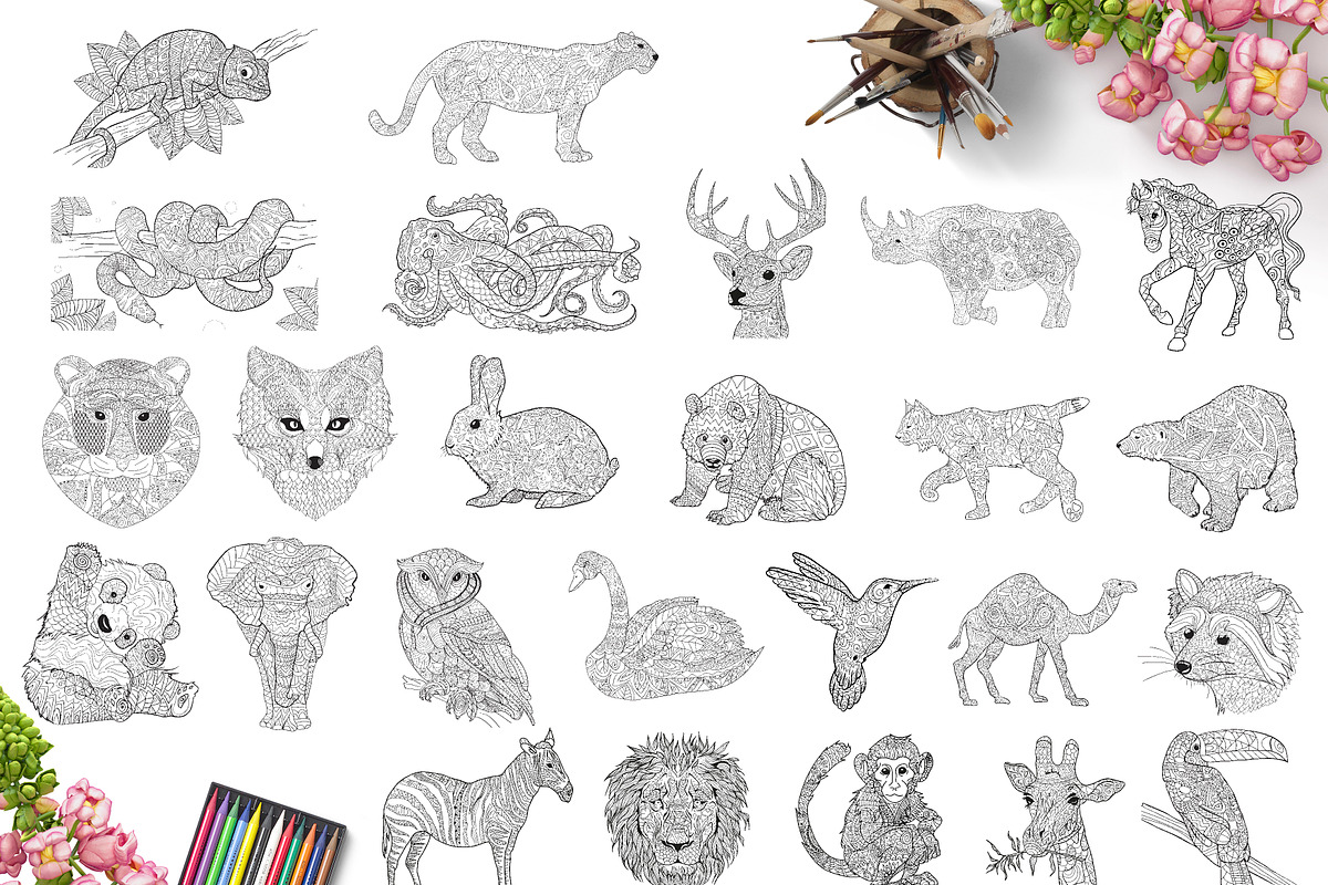 25 Coloring Pages: Wild Animals, an Animal Illustration by PureDesignStudio