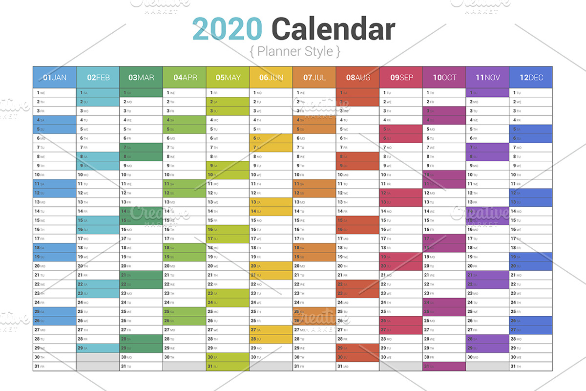 Calendar 2020 Planner Simple Color, a Stationery Template by WORAKAMON ...