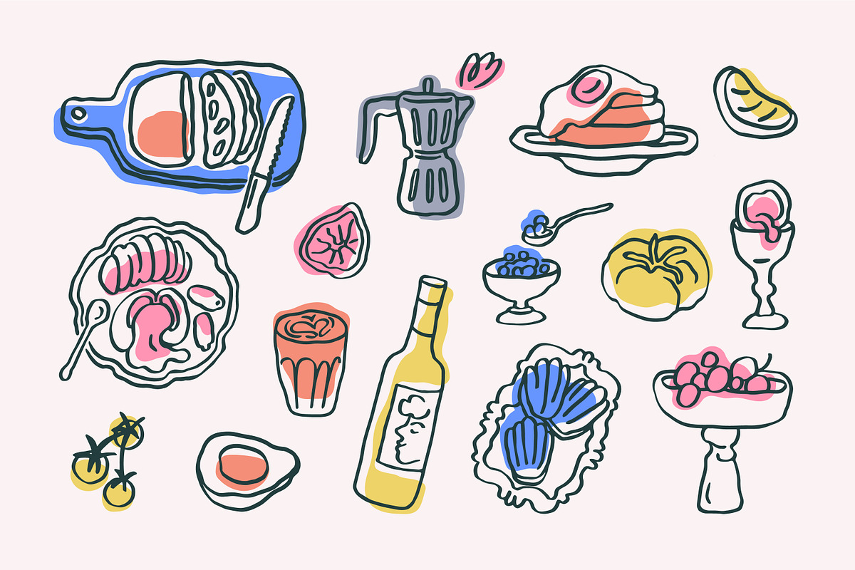 Breakfast food, doodle drawings set, a Food Illustration by Good Studio