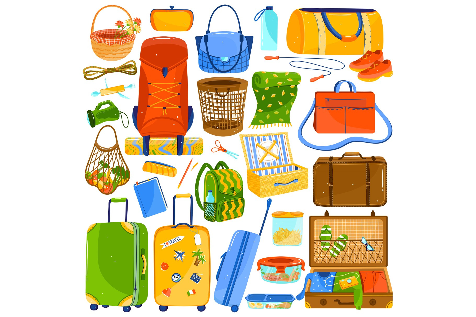 Suitcases, bags and travel luggage, an Object Graphic by seahorsevector