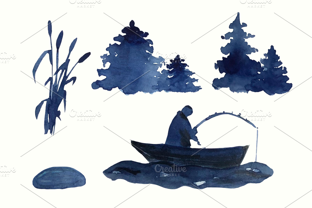 Watercolor Fishing Clip Art Set, an Illustration by Tati Bordiu