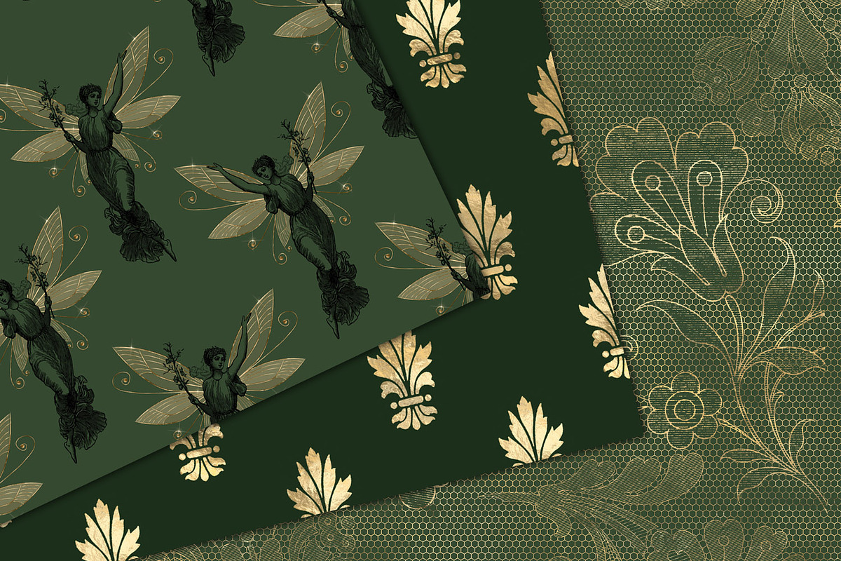 Green and Gold Fairy Digital Paper, a Pattern Graphic by Digital Curio