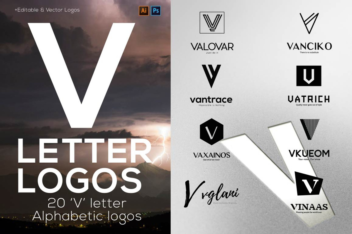 20 V Letter Alphabetic Logos, a Branding & Logo Template by AN Productions